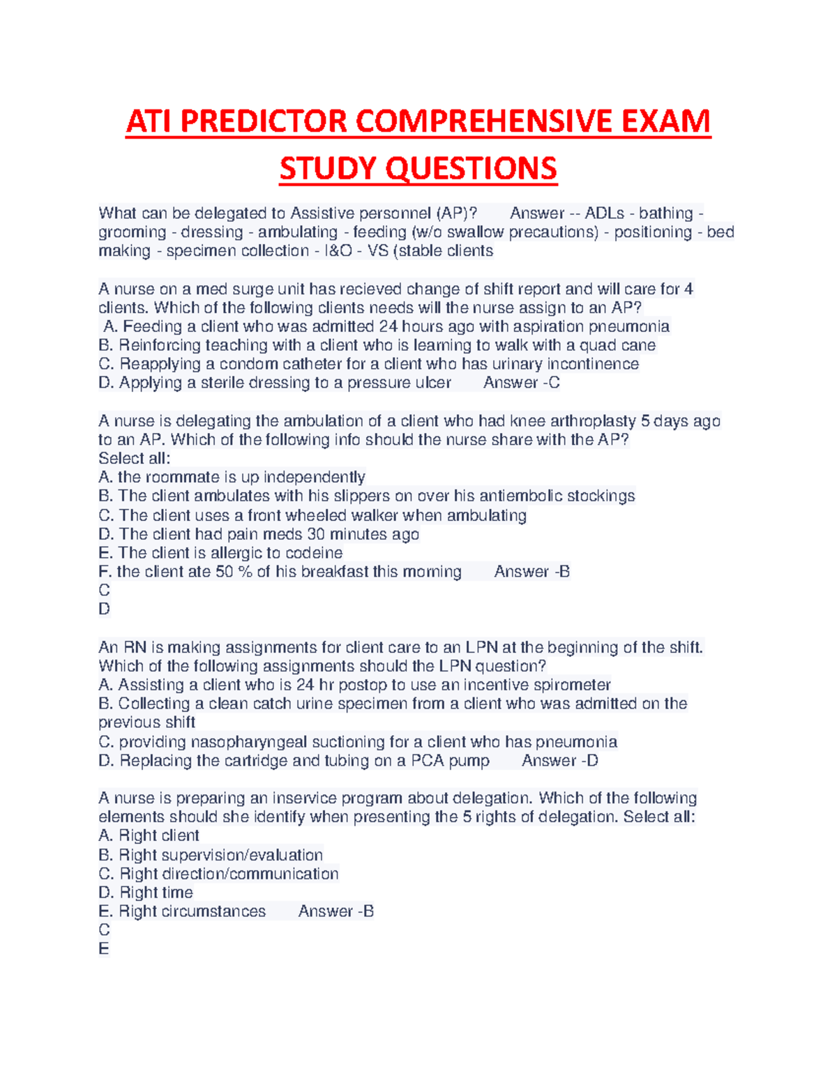 ATI 14 - QUESTIONS AND ANSWERS - ATI PREDICTOR COMPREHENSIVE EXAM STUDY ...