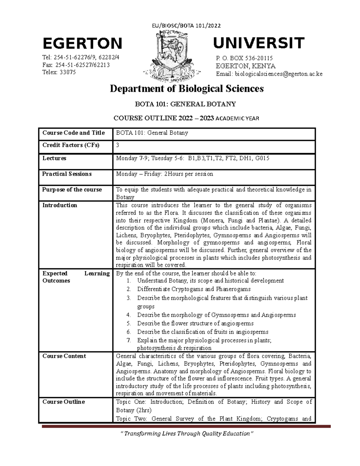 BOTA 101 Course Outline Updated Sept 2022 - EU/BIOSC/BOTA 101 ...