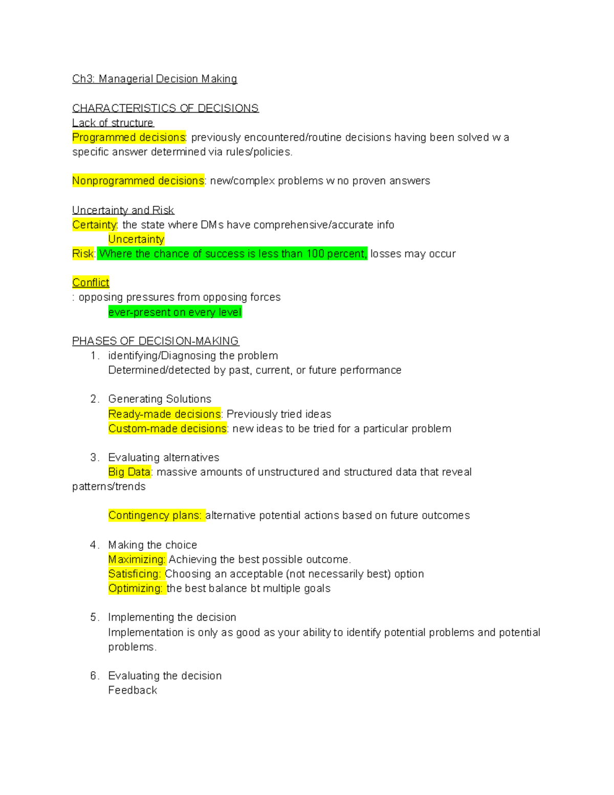 Ch3 Managerial Decision Making - Ch3: Managerial Decision Making CHARACTERISTICS OF DECISIONS ...