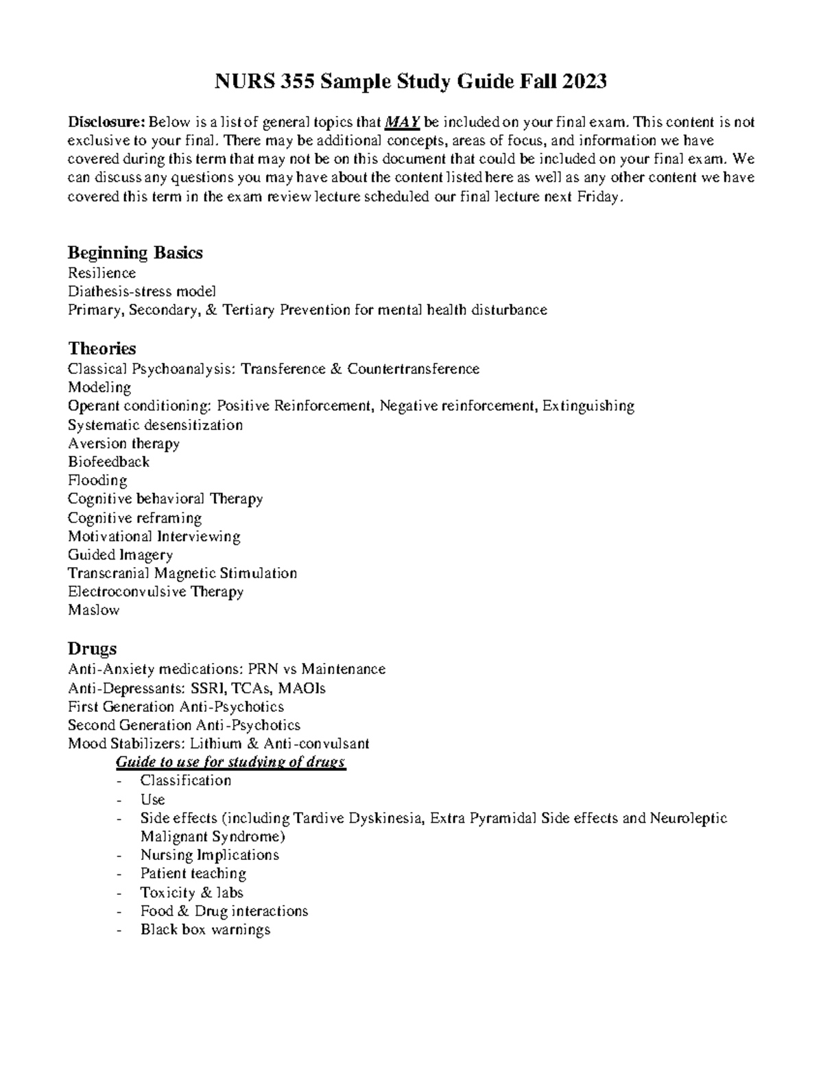 NURS 355 Sample Study Guide Fall 2023 - NURS 355 Sample Study Guide Fall 2023 Disclosure: Below ...