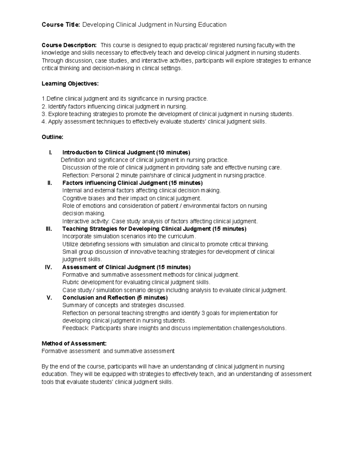 Teaching plan clinical judgement - Course Title: Developing Clinical ...