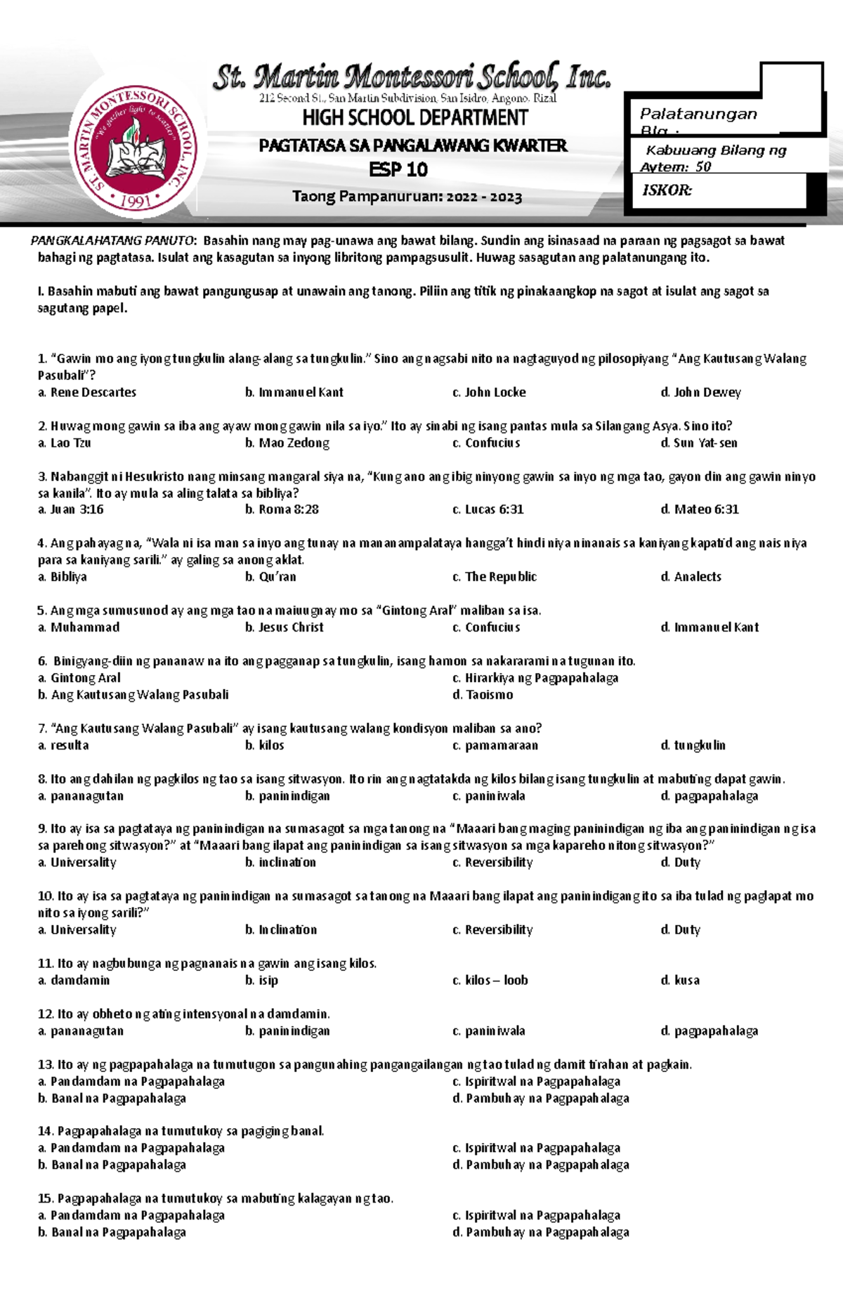 Grade 10 ESP Quarterly Assessment Q2 - St. Martin Montessori School ...