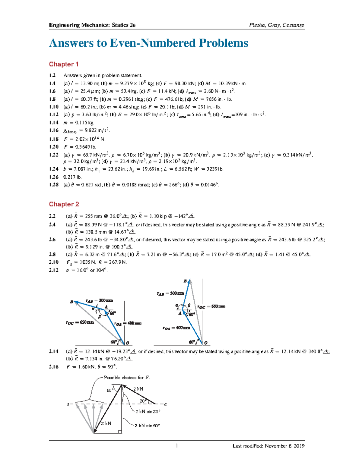 Appendix Answers Plesha Statics 2nd edition - Answers to Even-Numbered Problems Chapter 1 1 ...