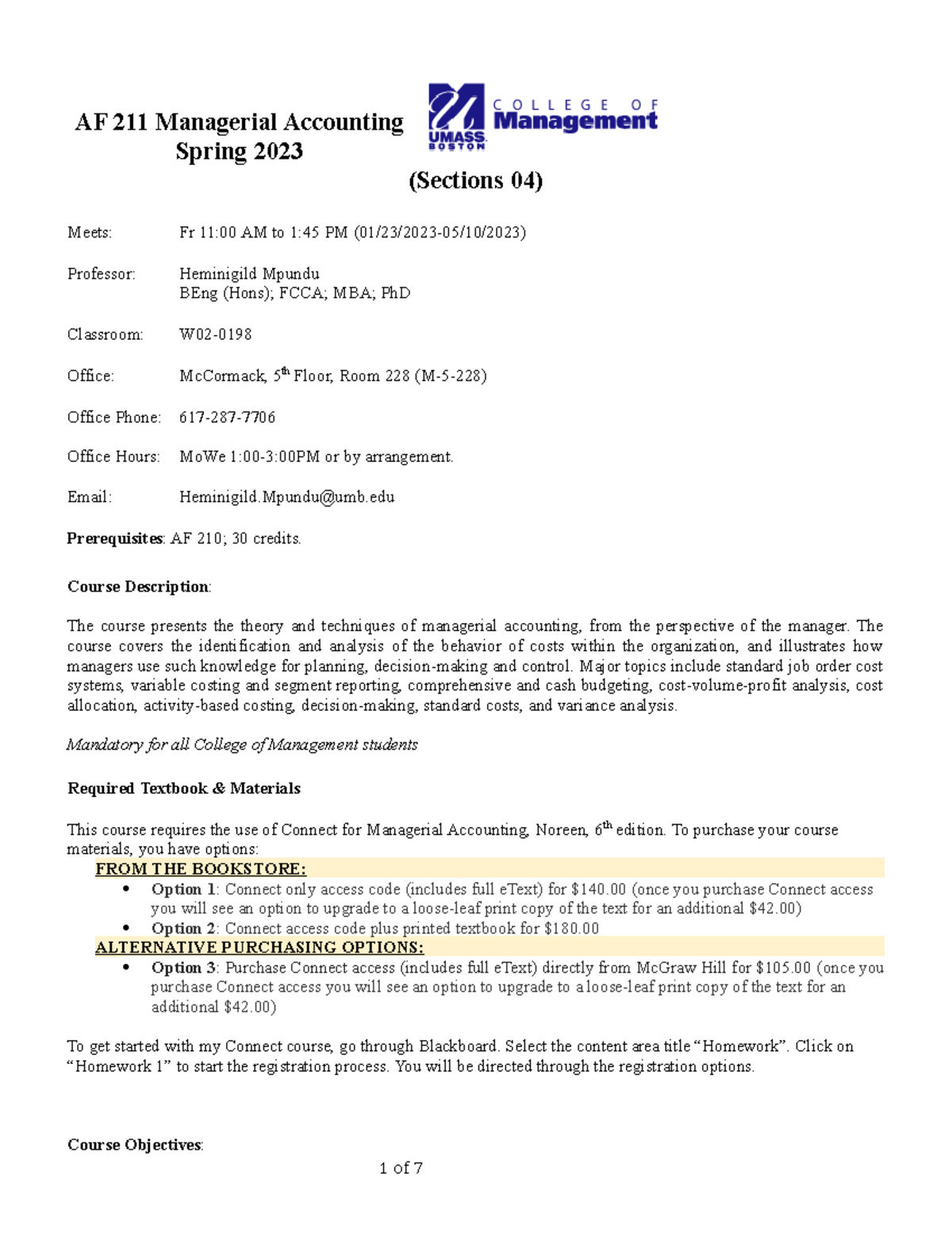 AF211 Syllabus Spring 2023s04 - AF 211 Managerial Accounting Spring ...