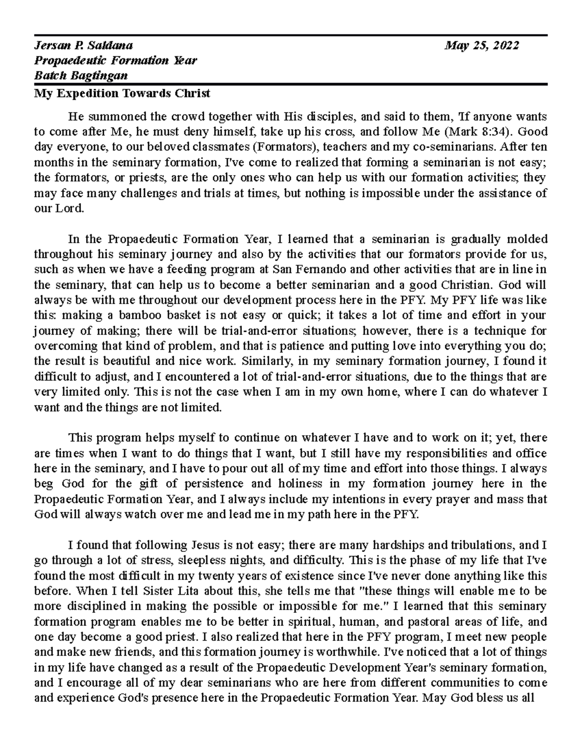 Final Speech - n/a - Jersan P. Saldana May 25, 2022 Propaedeutic ...