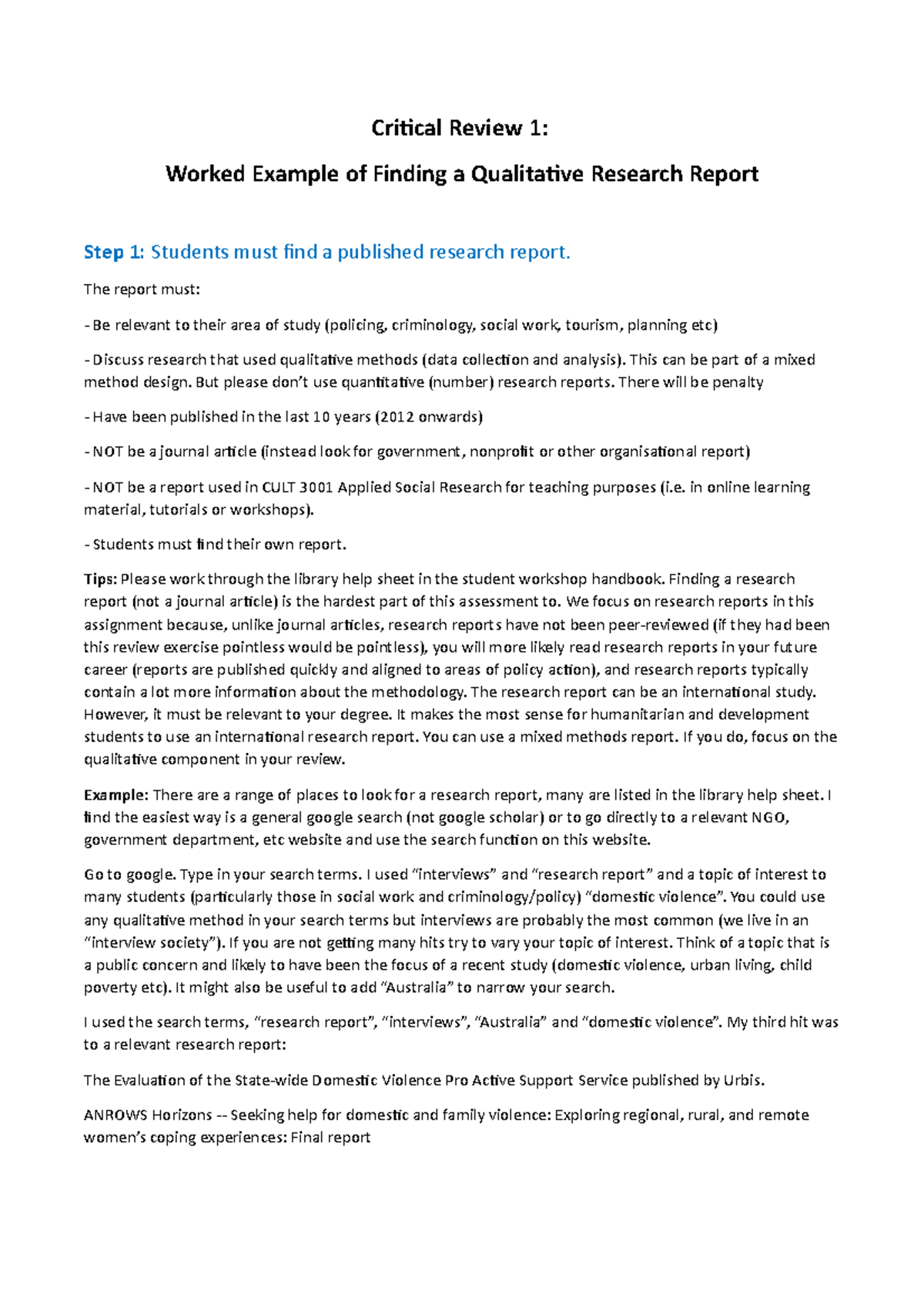 Critical Review 1 Worked Example of Finding a Research Report ...