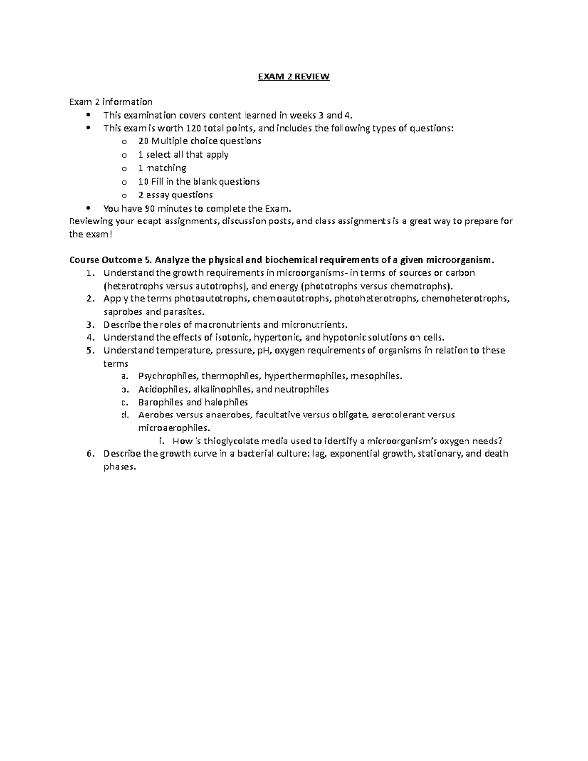 Review Exam 2 - EXAM 2 REVIEW Exam 2 information This examination covers content learned in ...