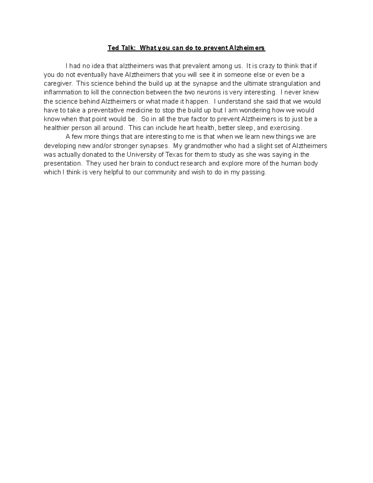 EC Psychology - Ted Talk: What you can do to prevent Alzheimers I had ...