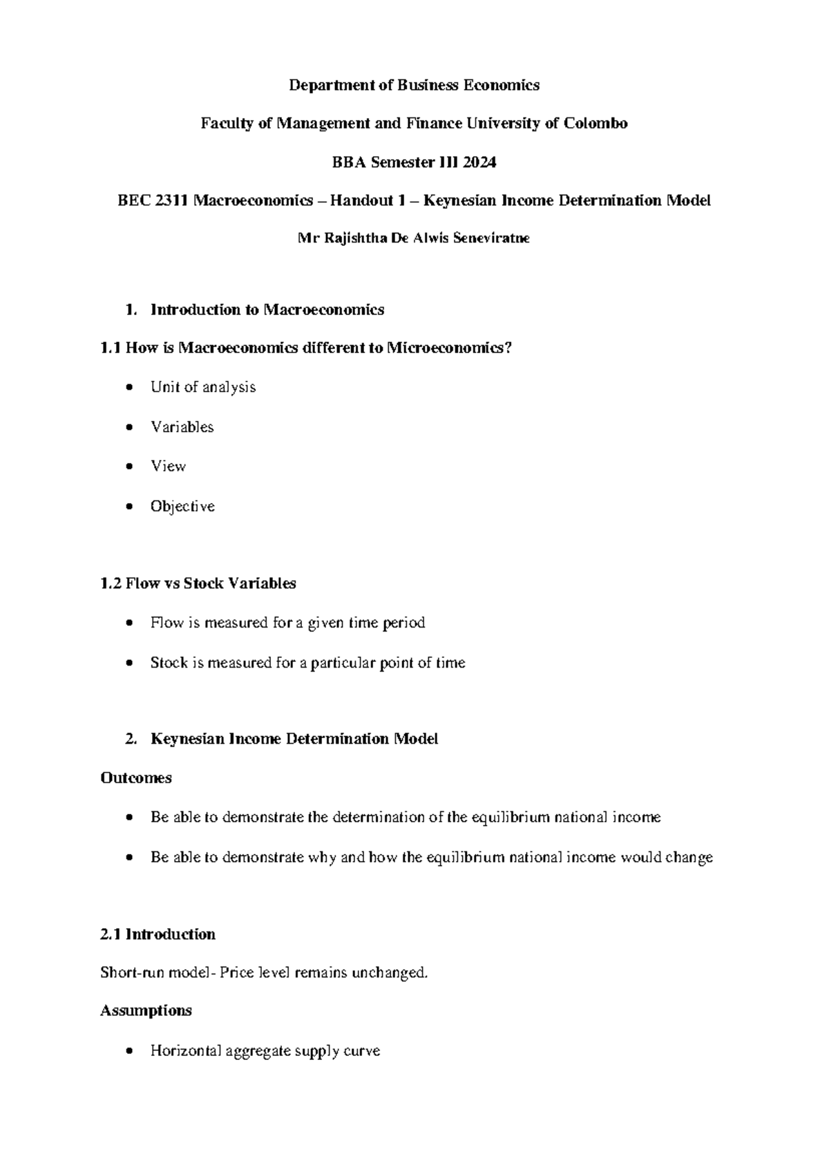 Keynesian Income Determination 2024 - Assumptions Horizontal aggregate ...