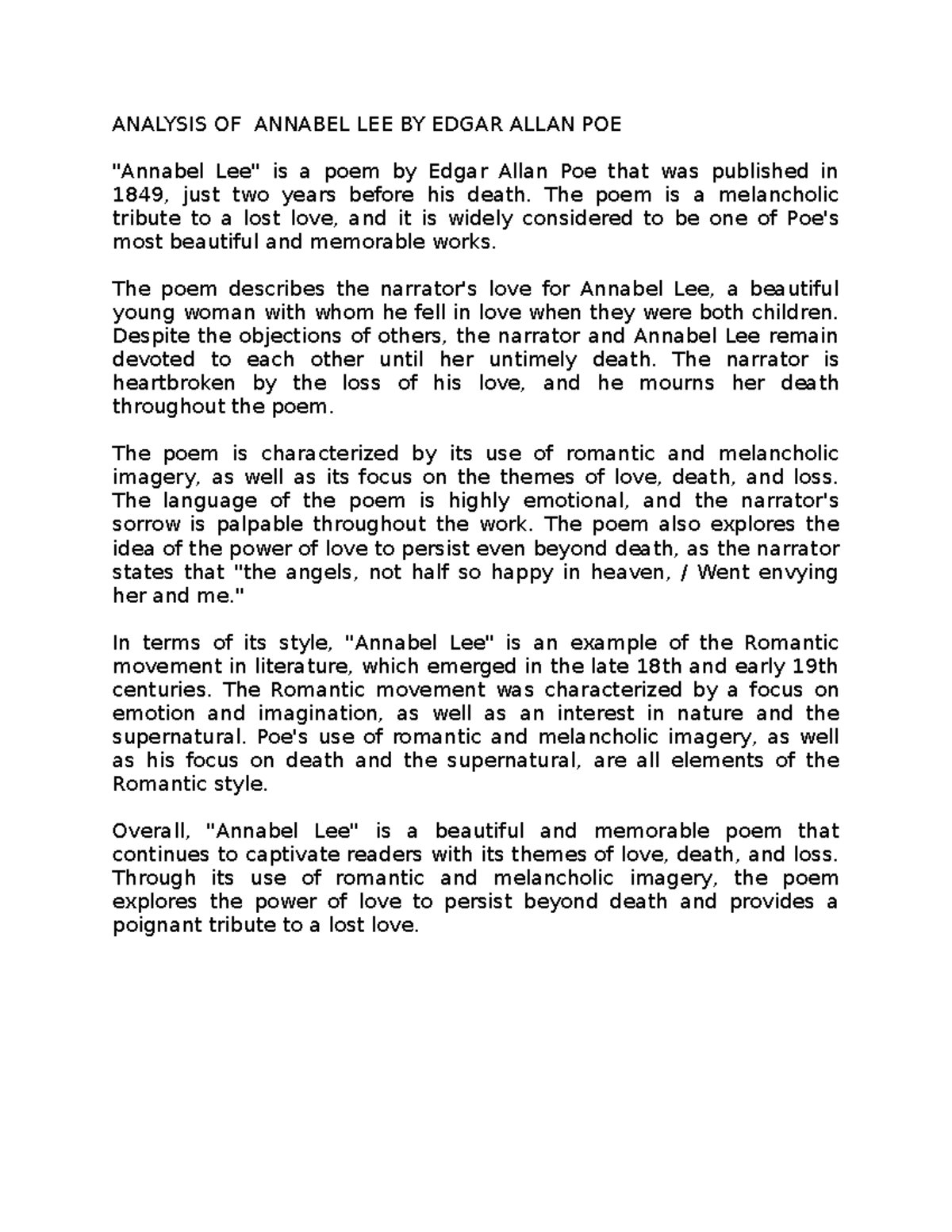 Analysis OF Annabel LEE BY Edgar Allan POE - ANALYSIS OF ANNABEL LEE BY ...