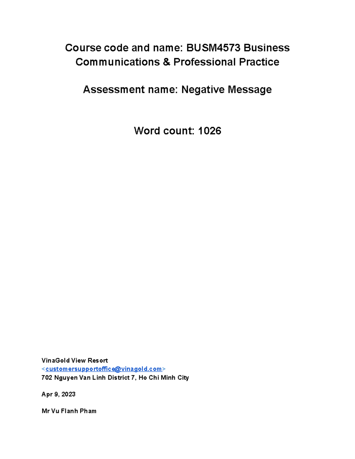 Negative Message Thai Hoang Duc S3878403 - Course code and name ...