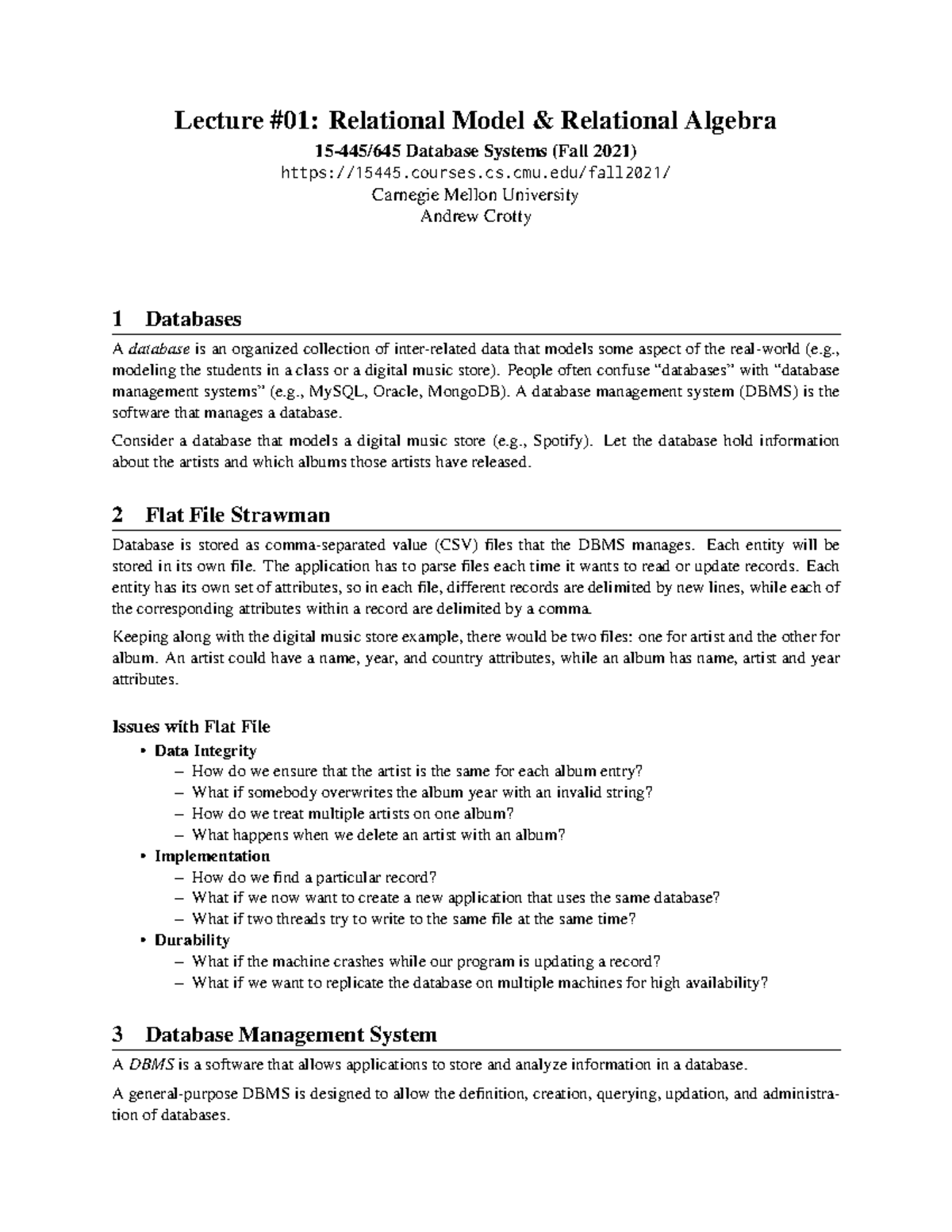 01-introduction - Resumen - Lecture #01: Relational Model & Relational Algebra 15-445/645 - Studocu