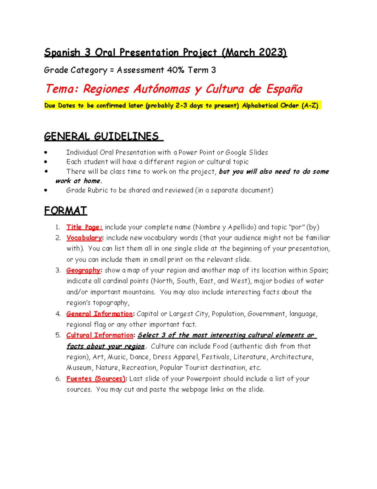 Spain Project Guidelines 2023 - Spanish 3 Oral Presentation Project ...