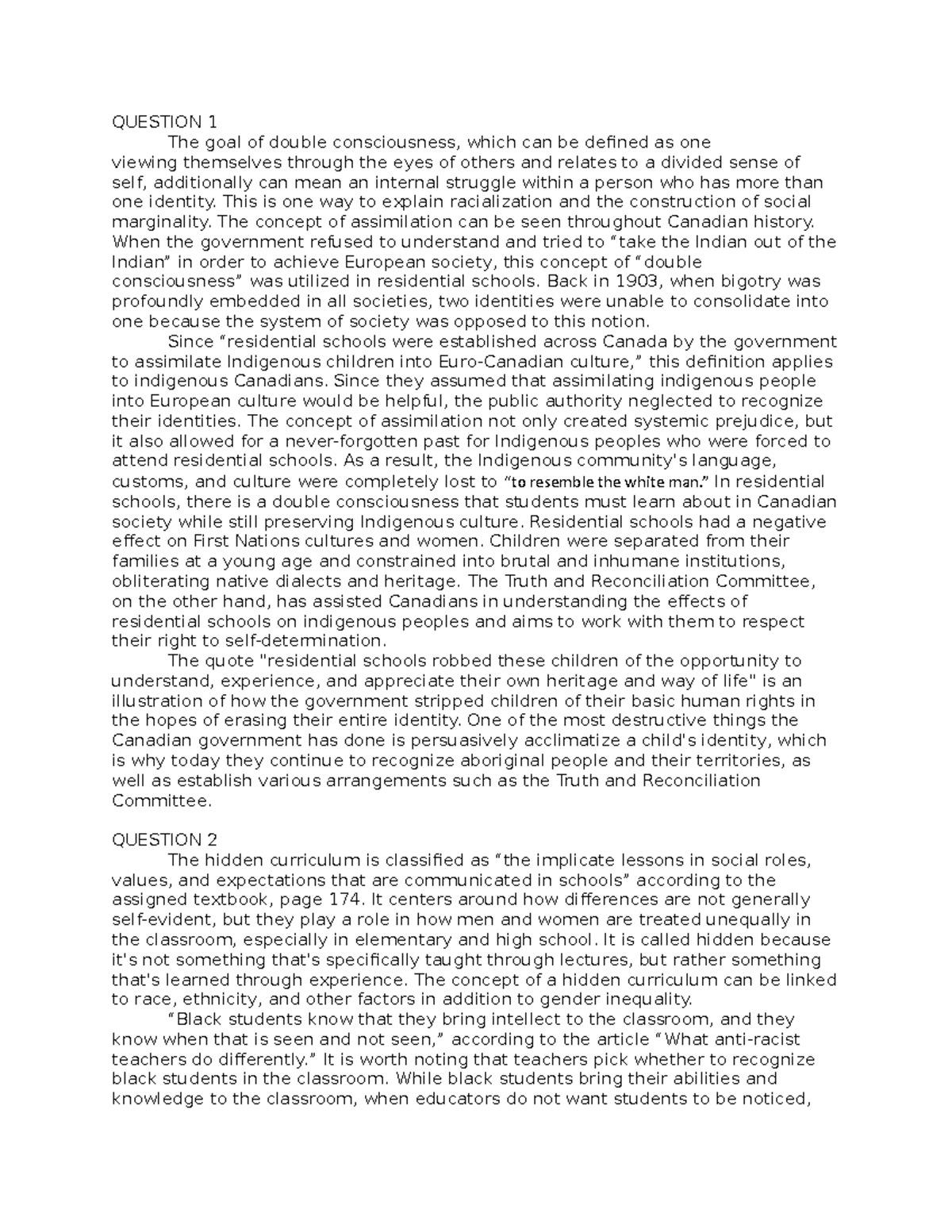 SOCI Final - Grade: A - QUESTION 1 The goal of double consciousness ...