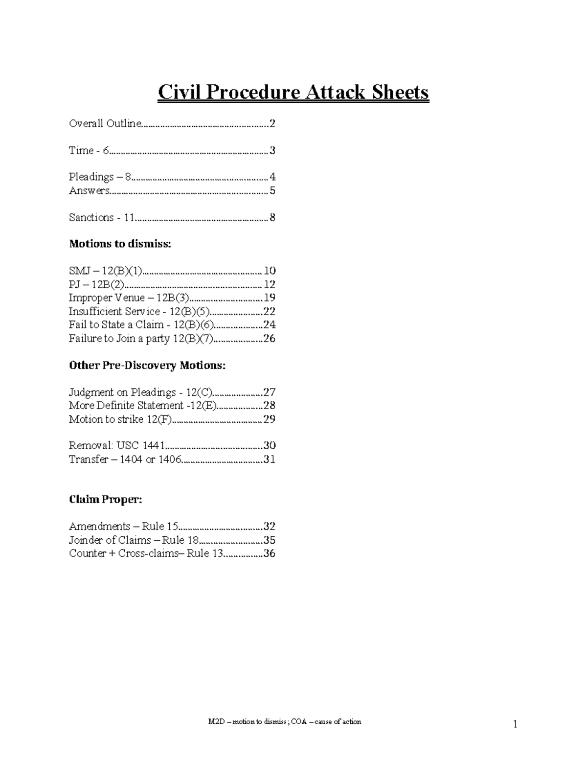 Civ Pro Attack Outline - Civil Procedure Attack Sheets Overall - Studocu