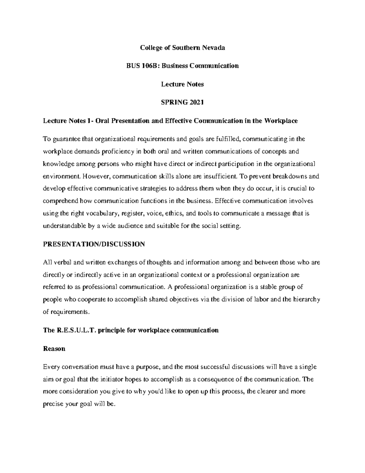 COMM 451 Lecture Notes 1- ORAL Presentation AND Effective Communication ...