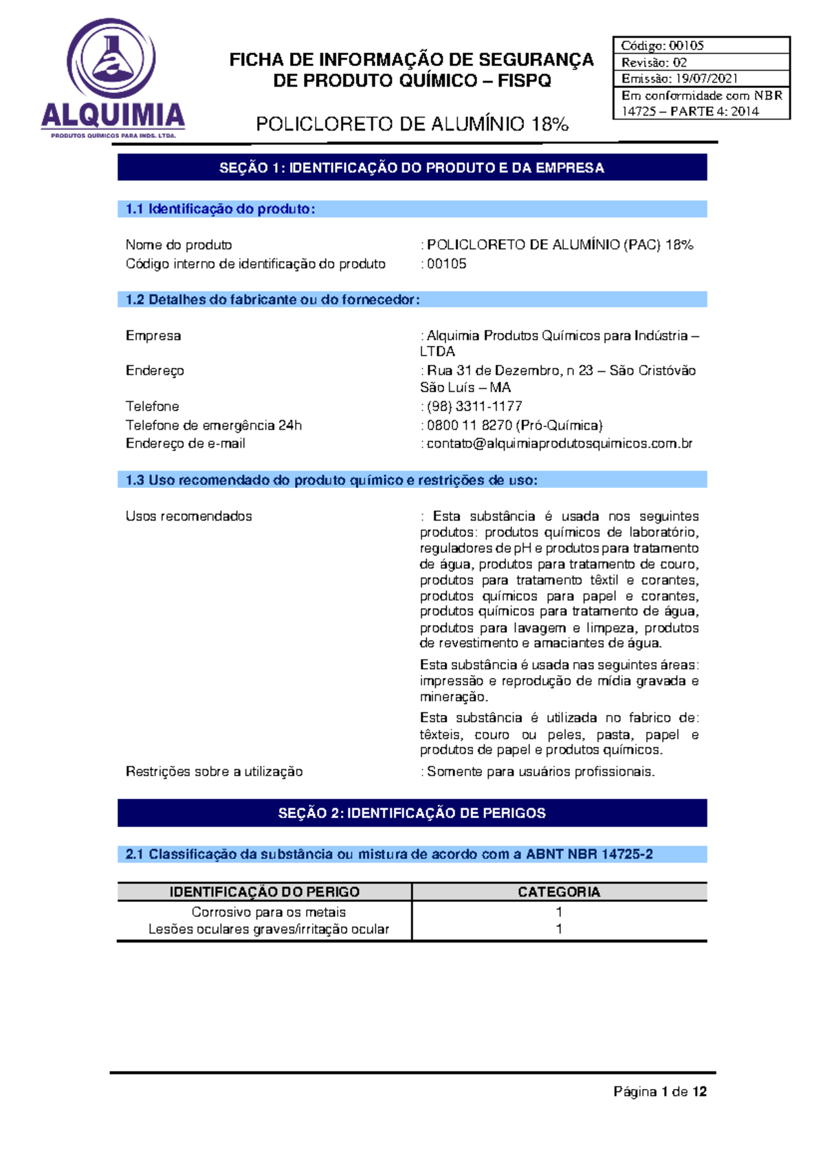 Fispq-PAC-18 - FICHA DE INFORMAÇÃO DE SEGURANÇA DE PRODUTO QUÍMICO ...