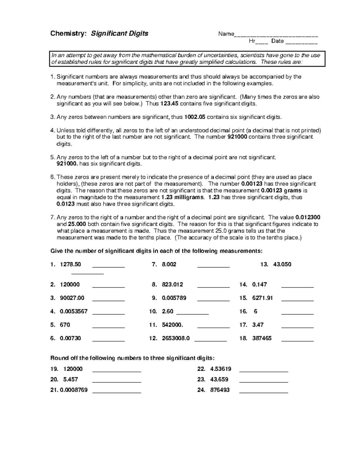 8 Sigfig - significant figures problems - Chemistry: Significant Digits ...