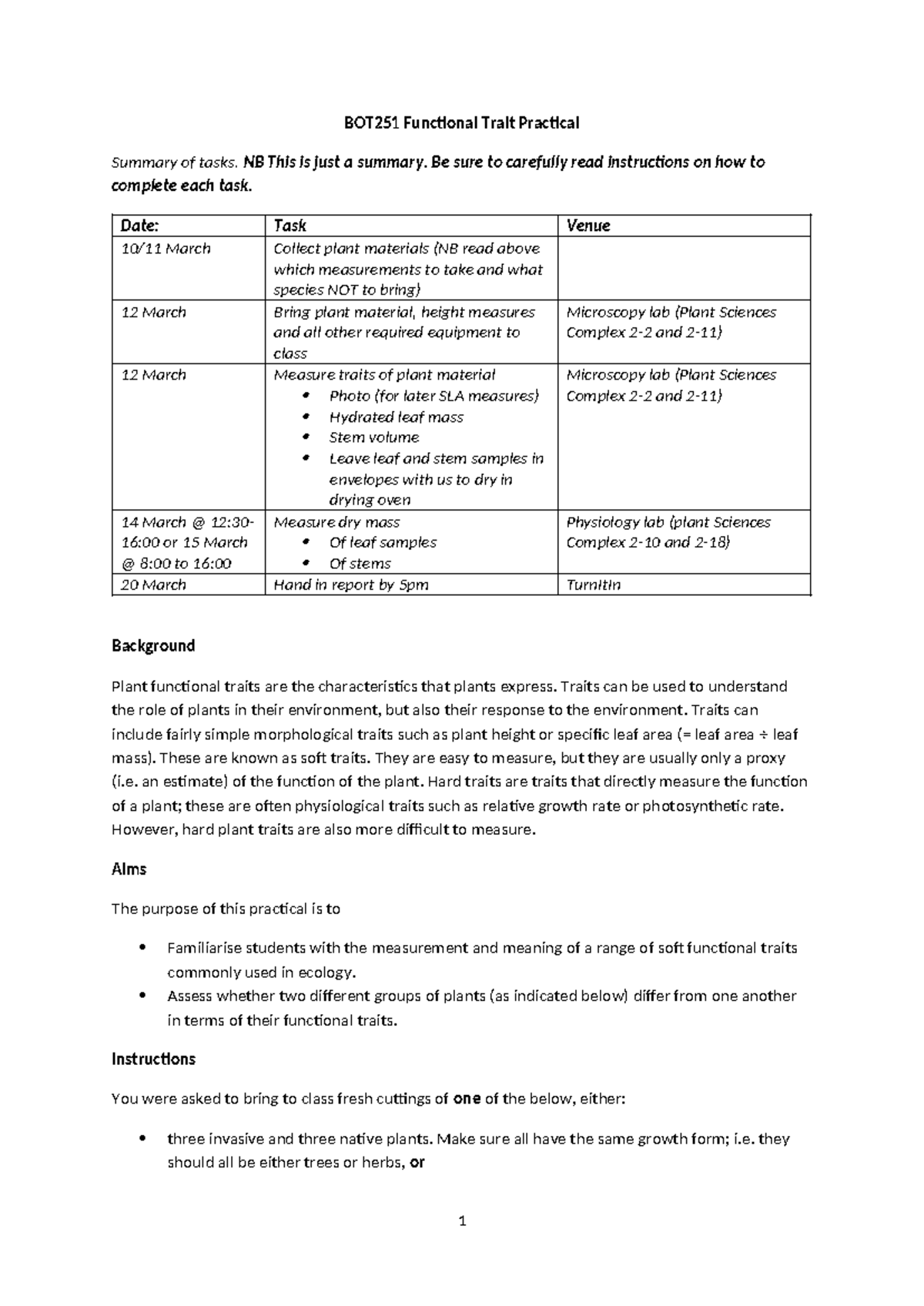 Class instructions for Functional Trait Practical BOT251(1) - BOT251 ...
