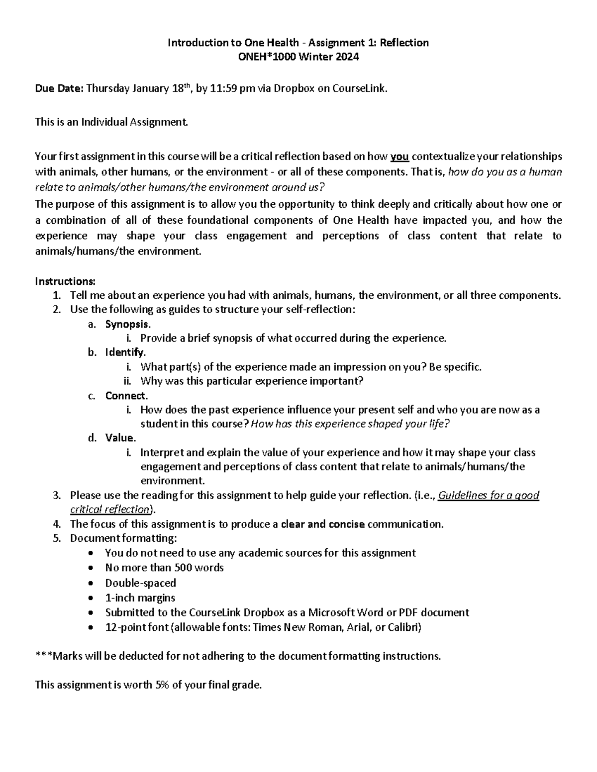 Assignment 1 Reflection Introduction To One Health Assignment 1