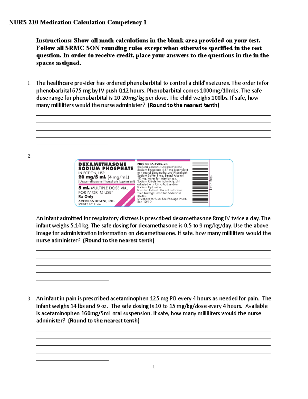 NUR210 Med Comp Test 1 Student Verison - Instructions: Show all math ...