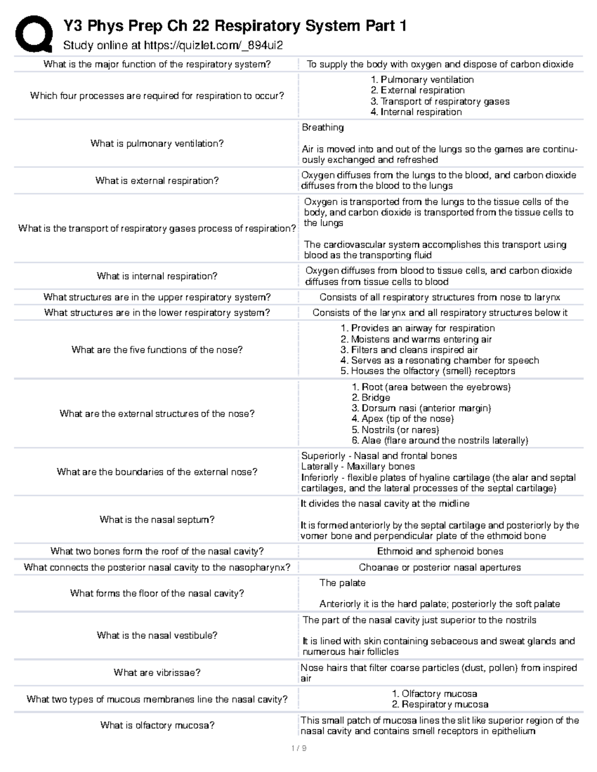 Physiology PREP Quizlet - Y3 Phys Prep Ch 22 Respiratory System Part 1 ...