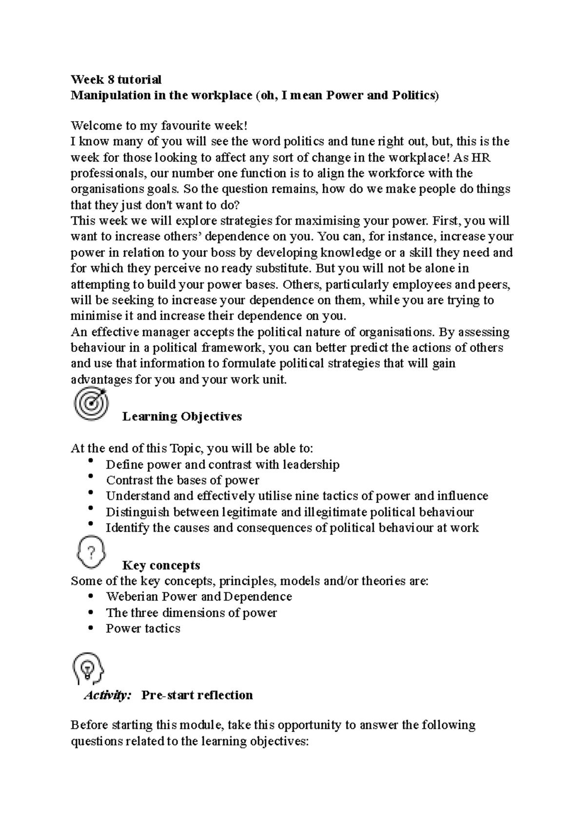 Week 8 tutorial - organisational behaviour and wellbeing - Week 8 ...