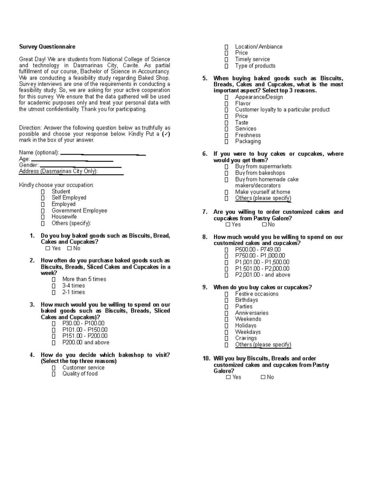 Survey-Questionnaire - Survey Questionnaire Great Day! We are students ...
