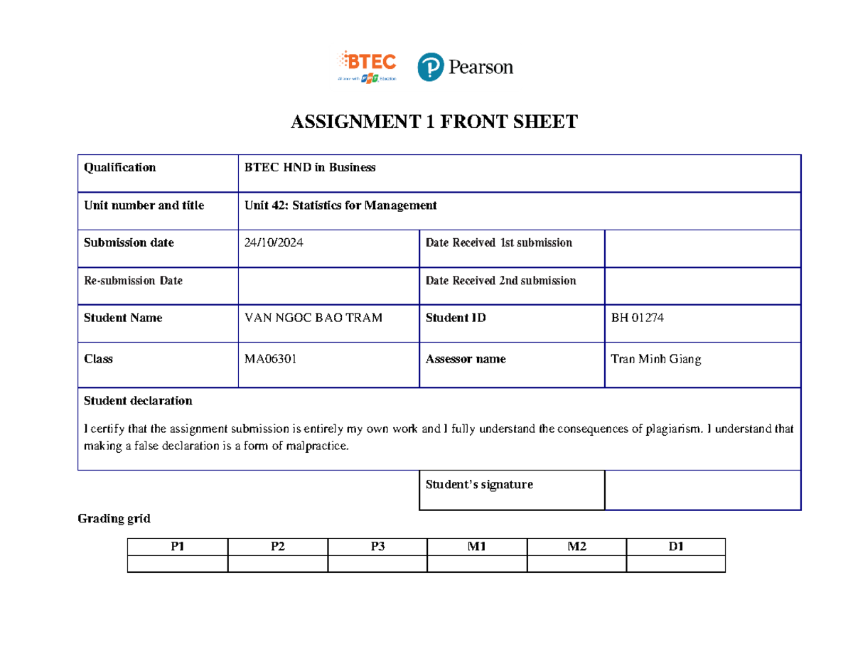 VAN NGOC BAO TRAM BH01274- ASM1 570 - ASSIGNMENT 1 FRONT SHEET Qualification BTEC HND in ...
