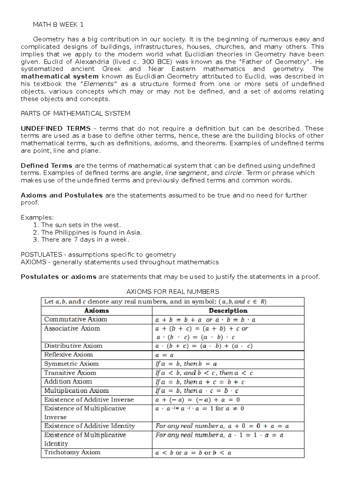 MATH 8 WEEK 1 Handouts - for grade 8 math - MATH 8 WEEK 1 Geometry has ...
