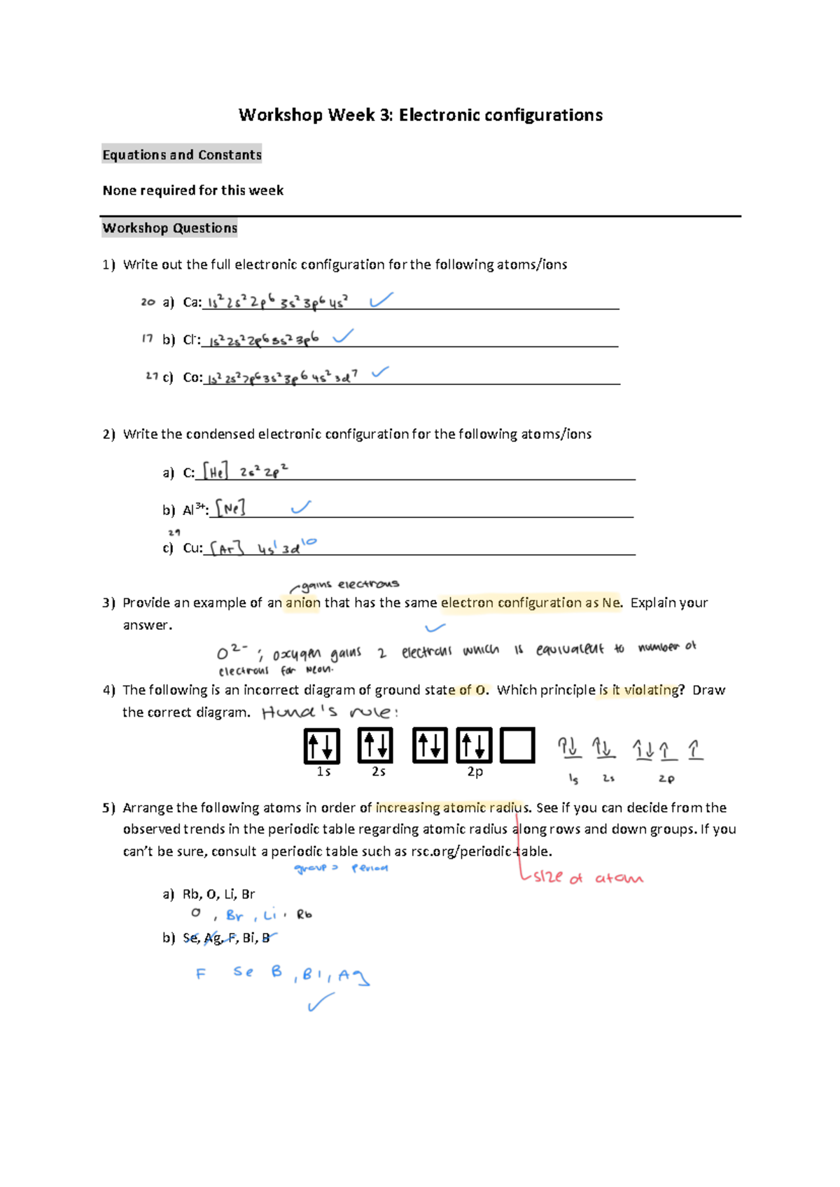 2023 W3 worksheet - Workshop Week 3: Electronic configurations Equations and Constants None ...
