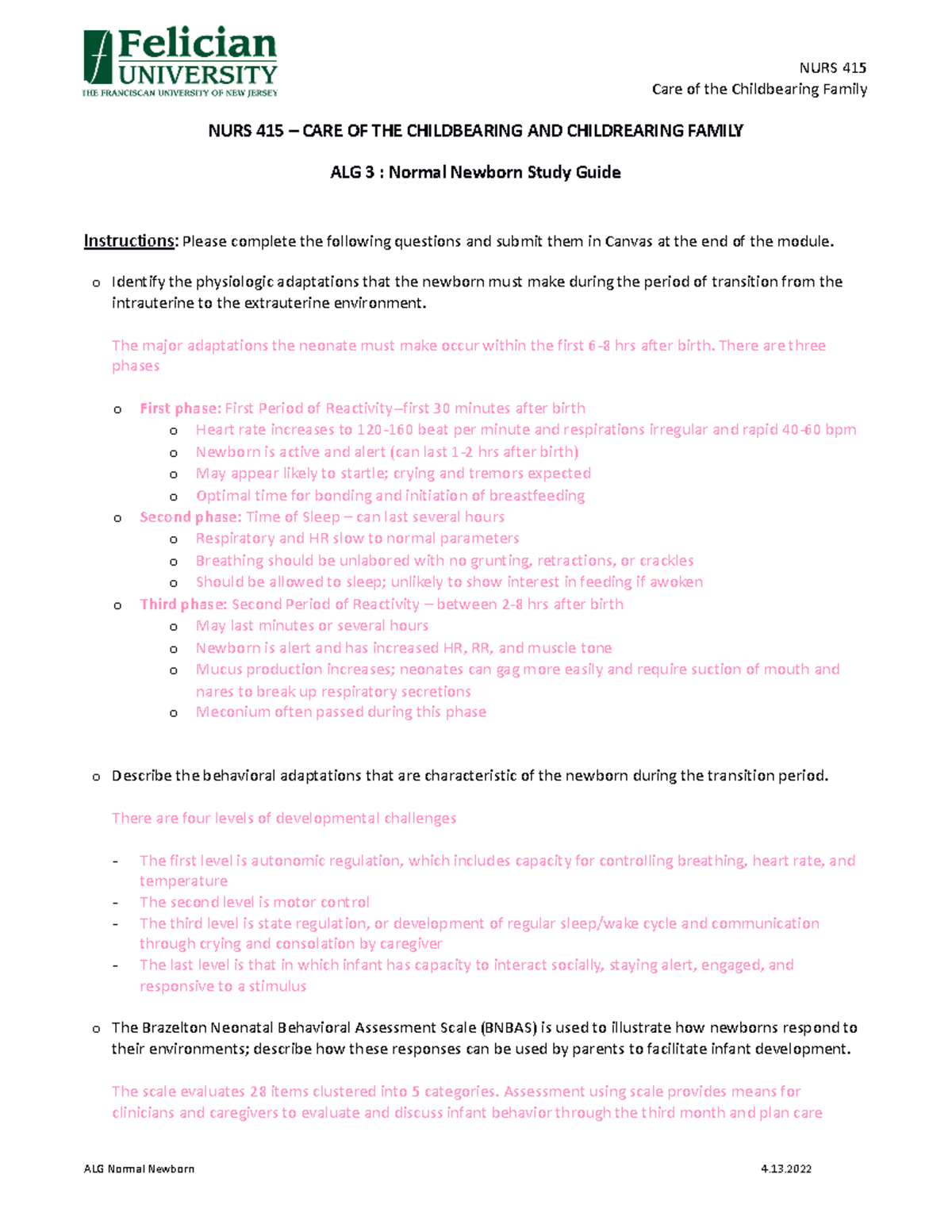 Active Learning Guide - Module 3 - Care of the Childbearing Family NURS ...