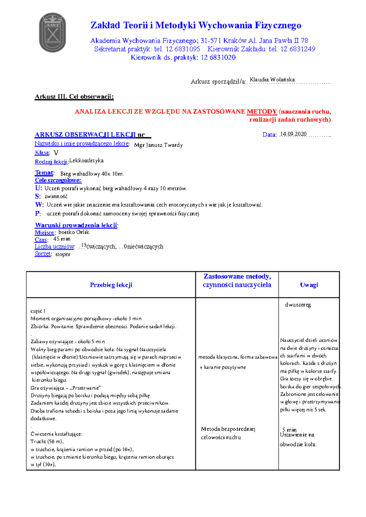 Arkusz obserwacji lekcji nr 3 sp 2020 - Zakład Teorii i Metodyki Wychowania Fizycznego Akademia ...