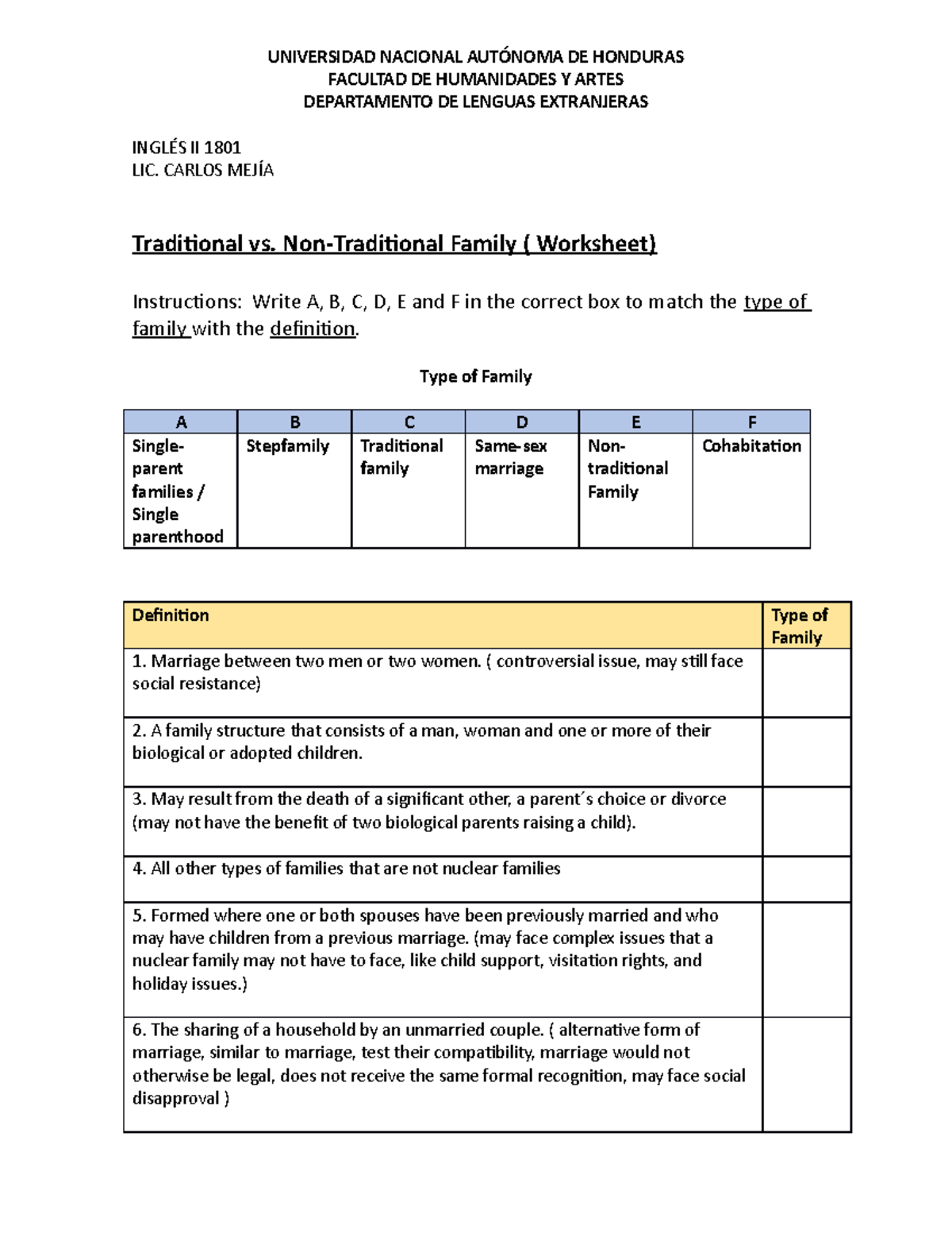 Traditional vs Non-Traditional Family Worksheet - UNIVERSIDAD NACIONAL ...