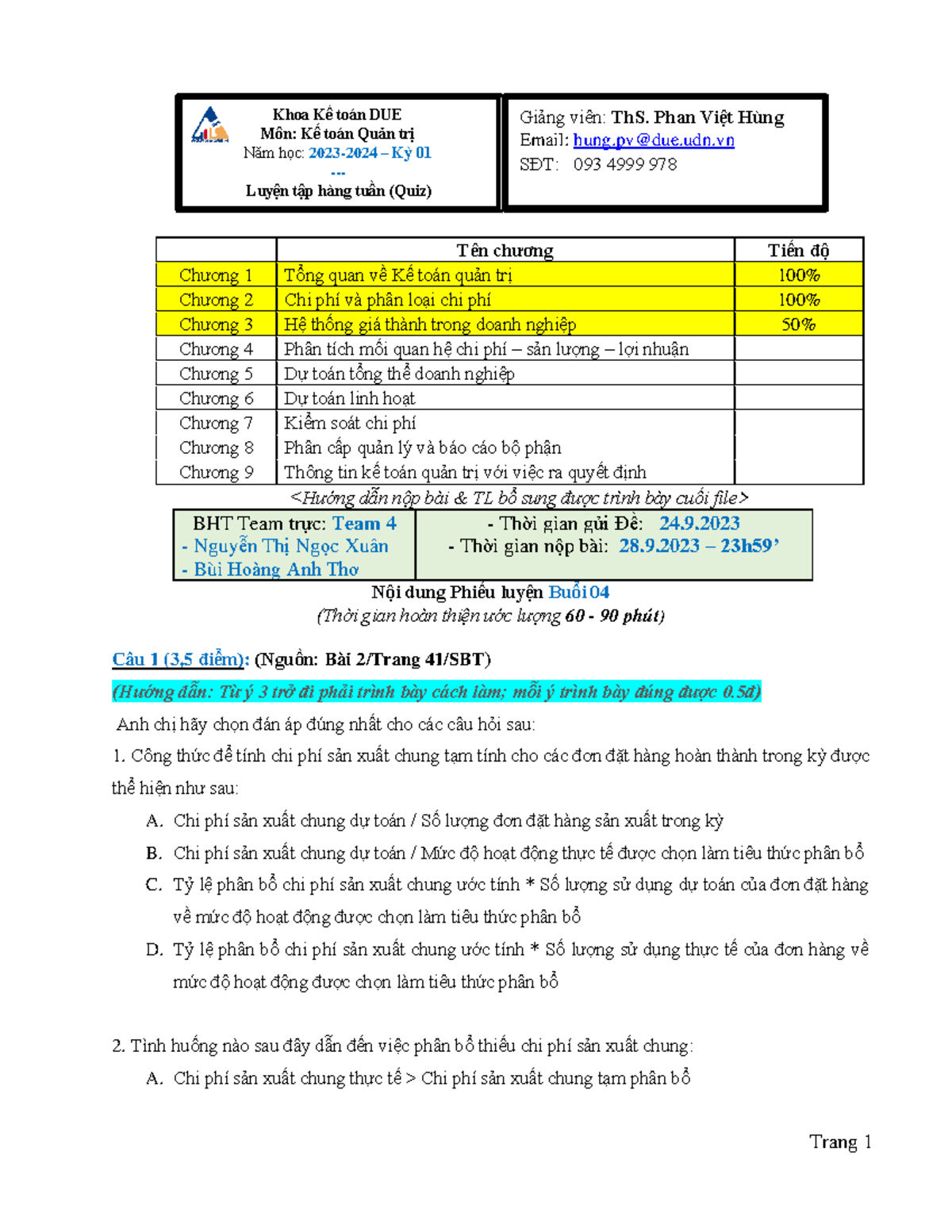Kế toán quản trị Buổi 4 - Tên chương Tiến độ Chương 1 Tổng quan về Kế ...