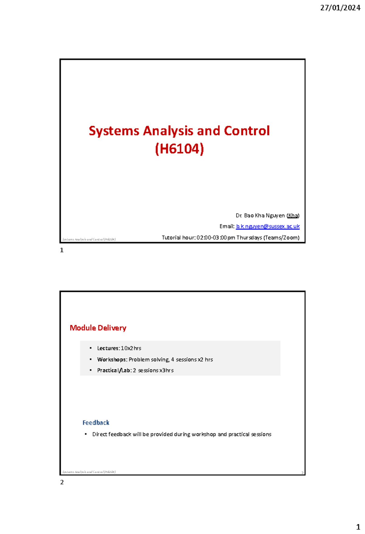 System - notes - Systems Analysis and Control (H6104) Dr. Bao Kha ...