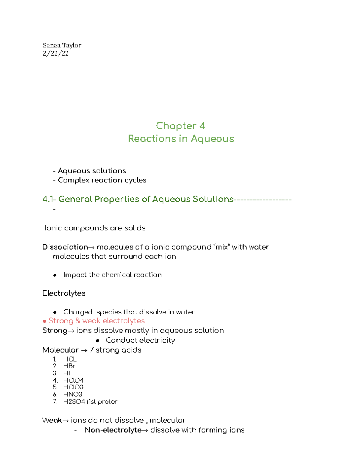 Chapter 4 Notes - Sanaa Taylor 2/22/ Chapter 4 Reactions in Aqueous ...