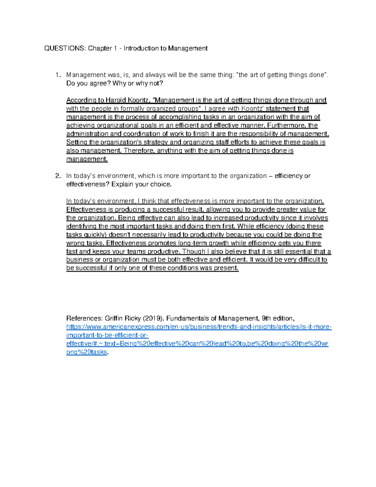 Chapter 1 Introduction to Management - QUESTIONS: Chapter 1 ...