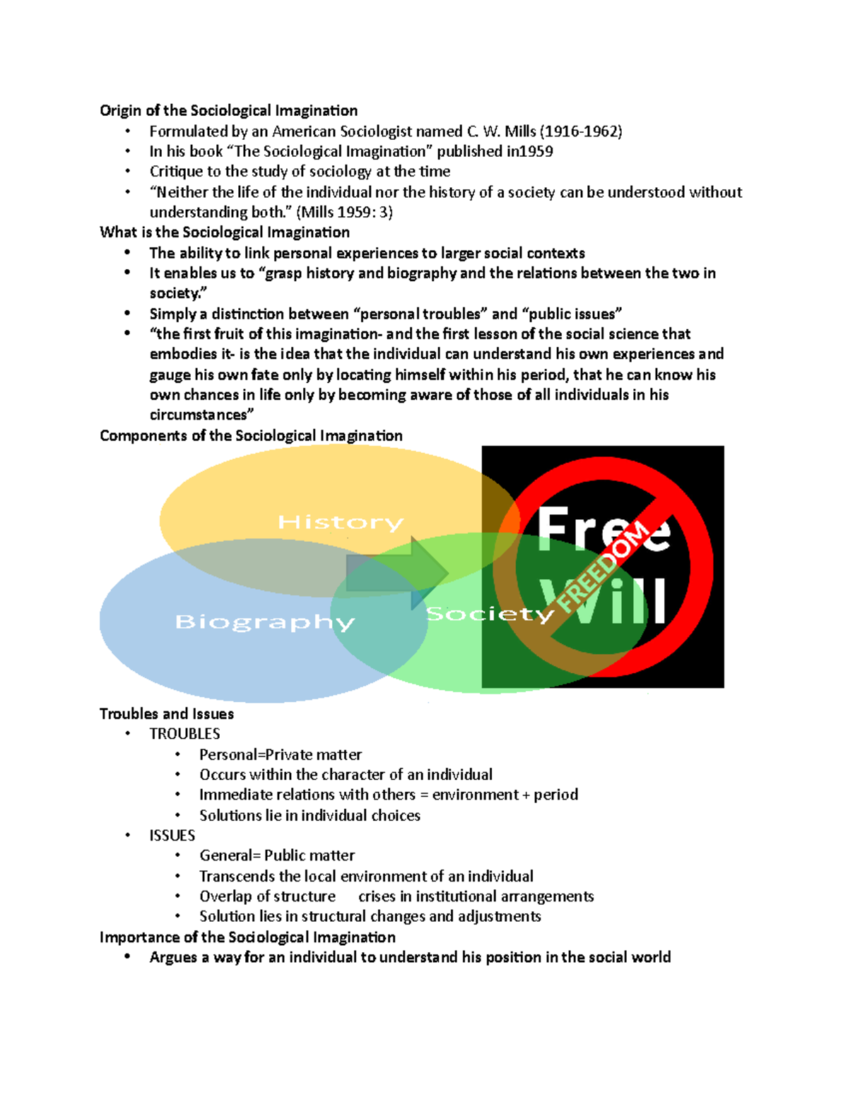 Sociological Imagination - W. Mills (1916-1962) - In his book “The ...
