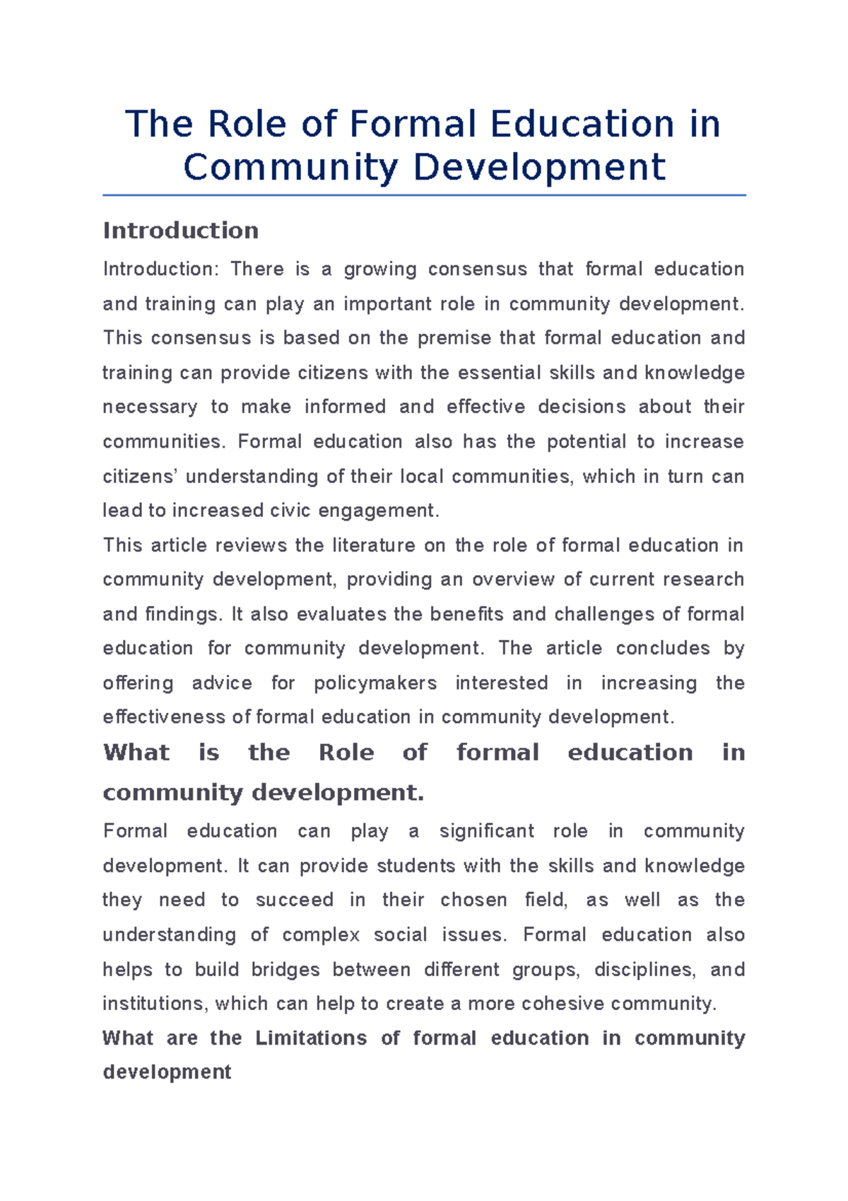 The Role of Formal Education in Community Development - The Role of ...