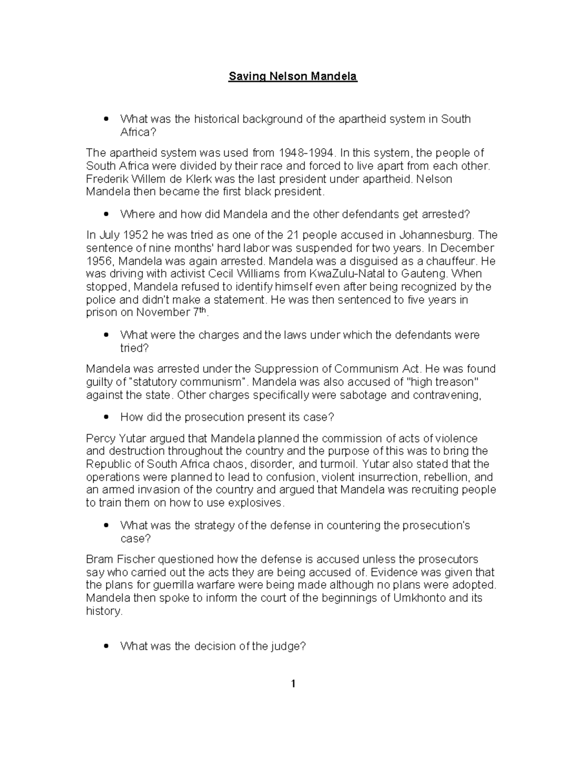 Saving Nelson Mandela Notes - Saving Nelson Mandela What was the ...