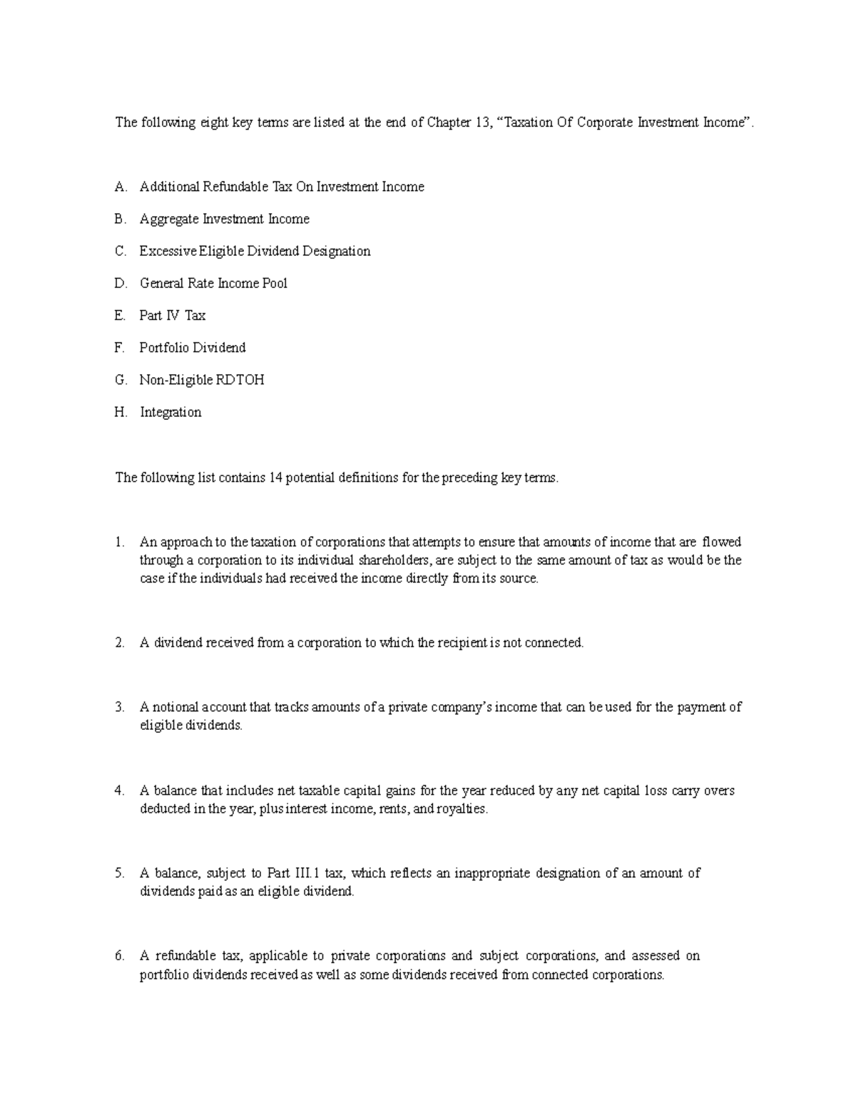 ACCT226 Chapter 13 Problem 2 The Following Eight Key Terms Are Listed