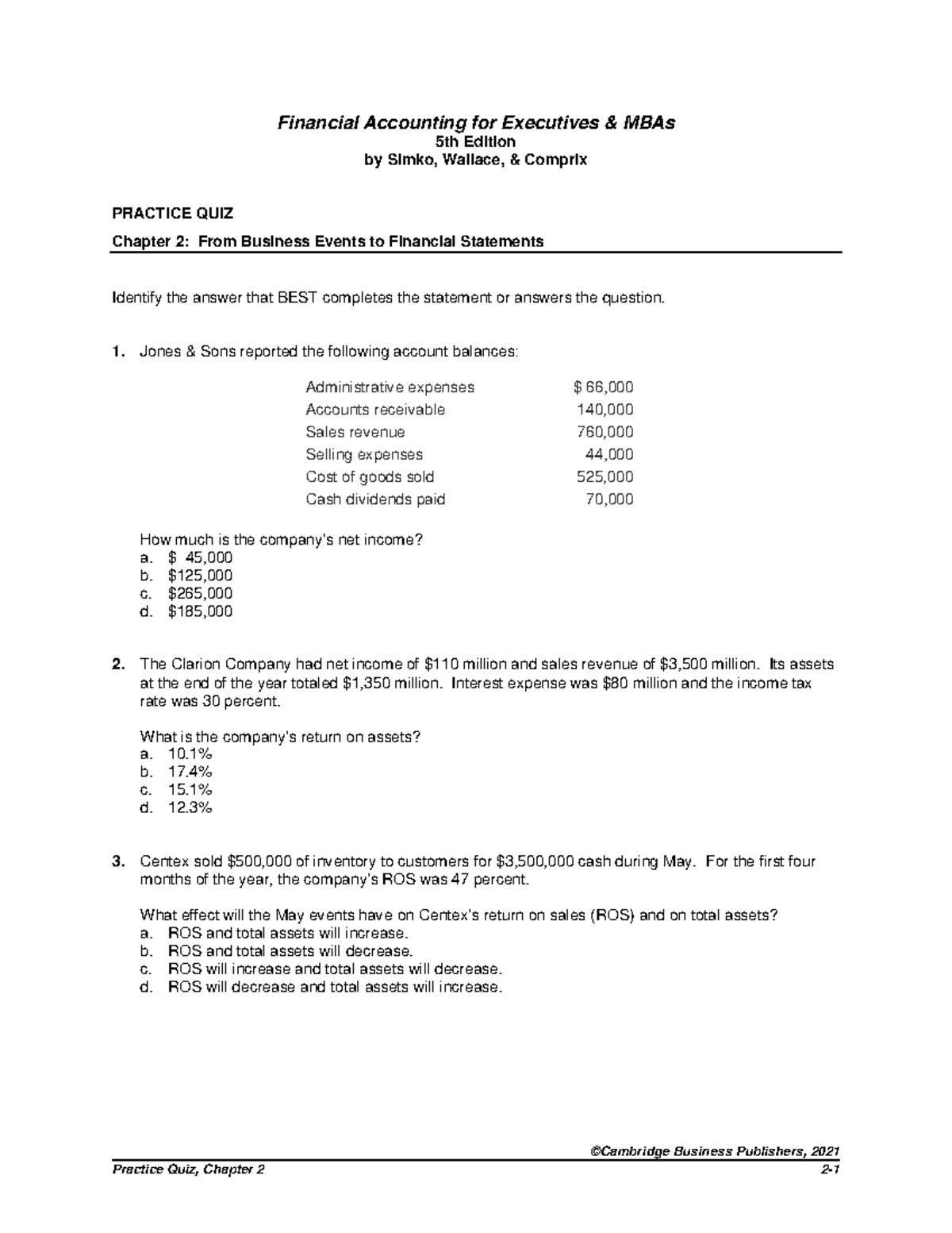 FAE 5e Ch02 Practice Quiz w Solutions 051920 - ©Cambridge Business ...