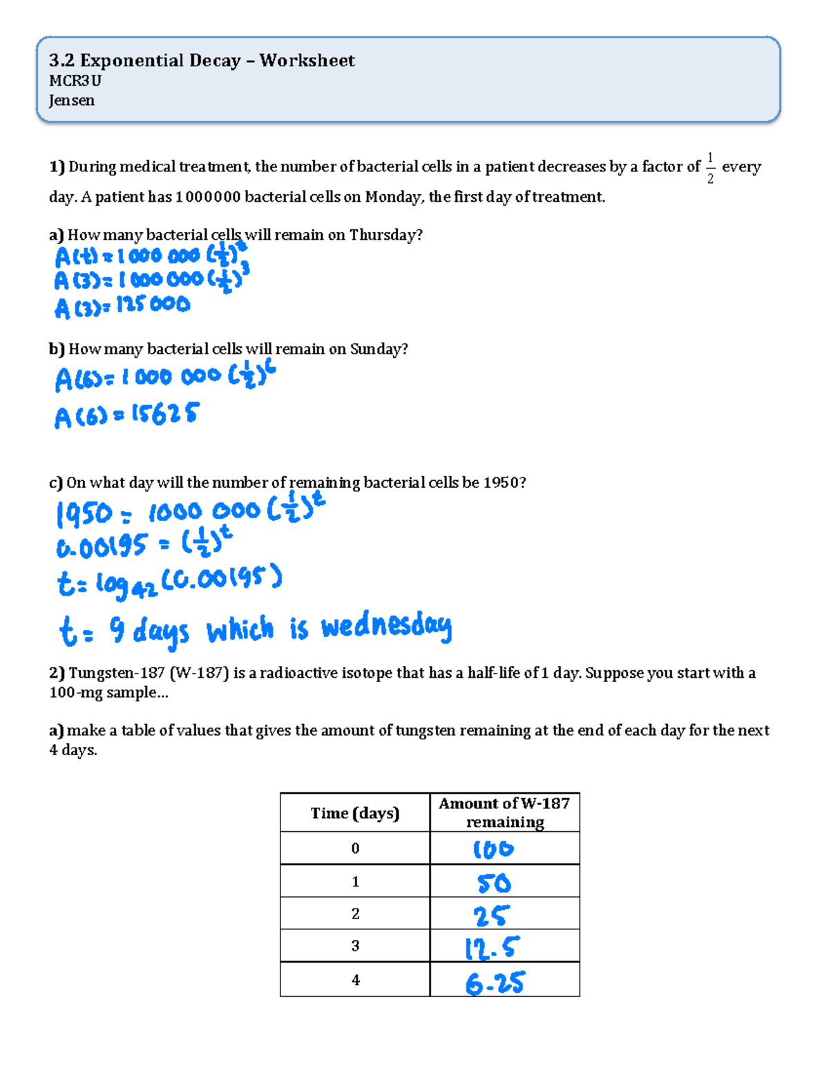Exponential Decay - 3$Exponential$Decay$–$Worksheet$ MCR3U& Jensen ...