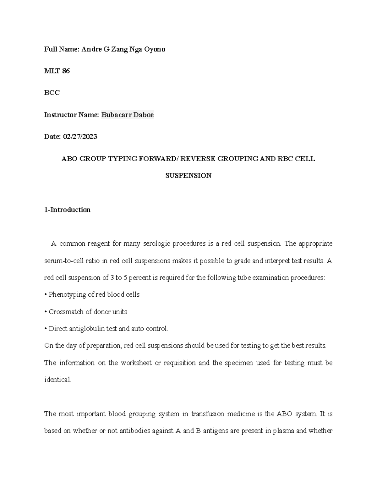 ABO Group Typing Forward Reverse Grouping AND RBC CELL Suspension ...