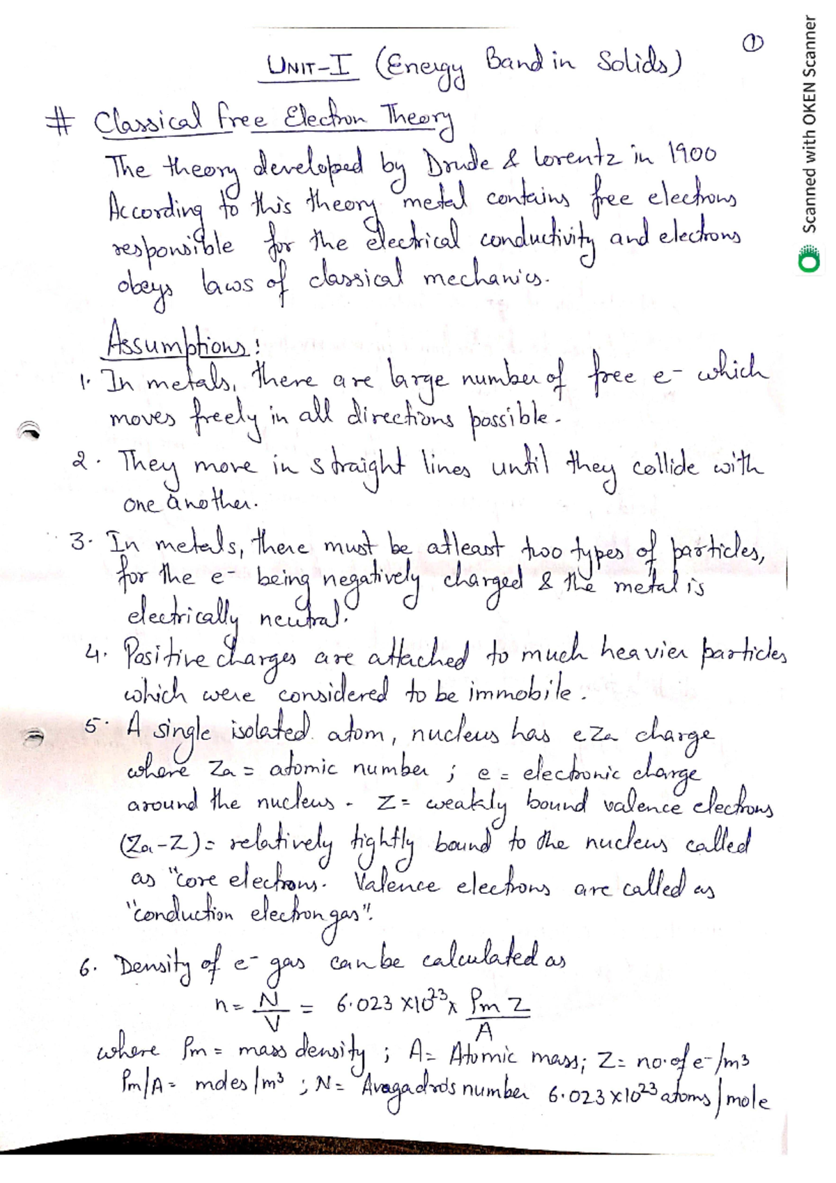 Unit 2 LECTURE notes - 1 (Energy Band in Solids) Classical free ...
