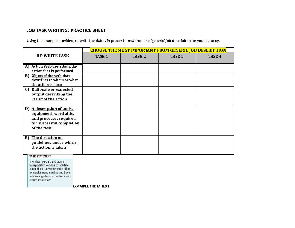 TASK Worksheet Projects 6th edition - JOB TASK WRITING: PRACTICE SHEET ...