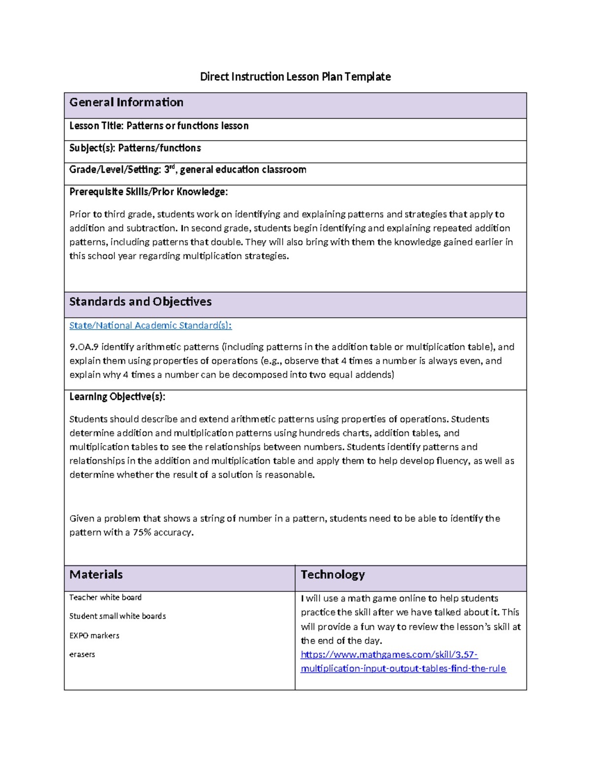 Patterns functions lesson plan - Direct Instruction Lesson Plan ...