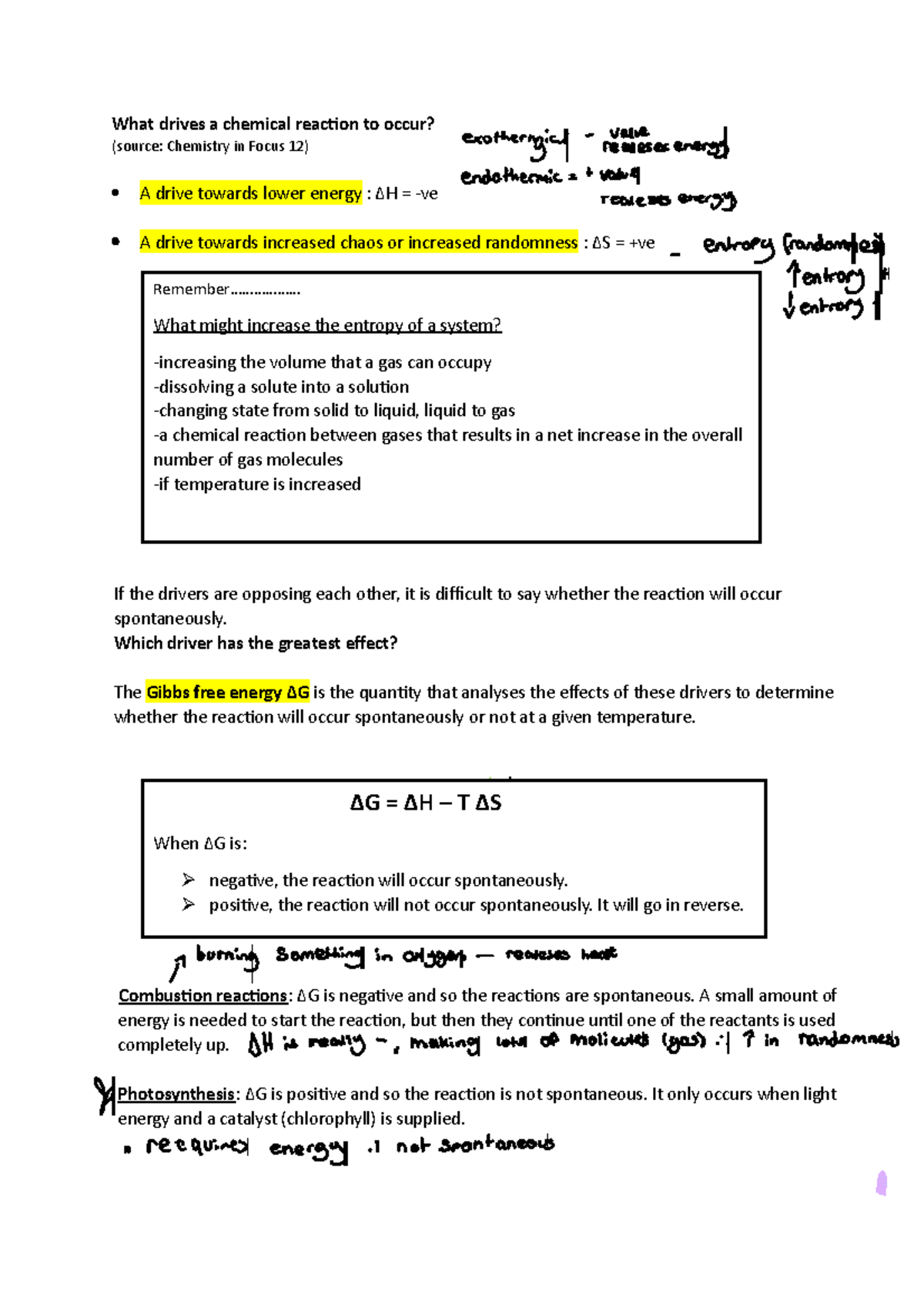 Equilibrium summary notes - What drives a chemical reaction to occur ...