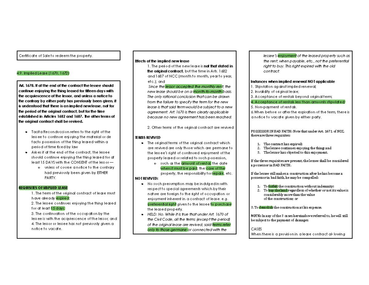 Lease ( Paras) - Implied Lease Notes - Certificate of Sale to redeem ...